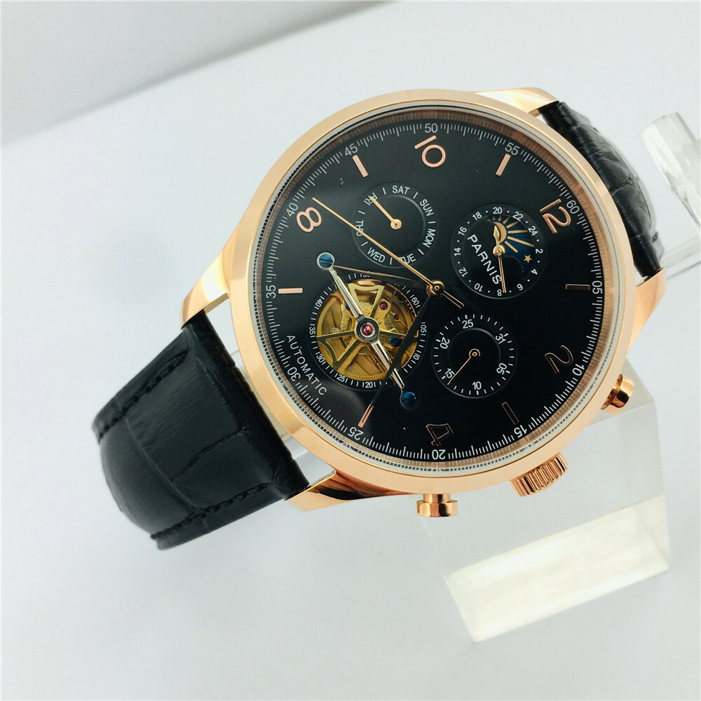 43mm parnis Moon Phase Steel black Dial Rose Gold Case Automatic Men's ...