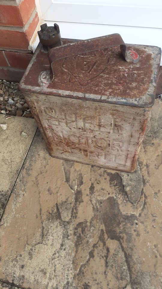 RARE SHELL 3 Shilling clam 2 GALLON PETROL 1930s FUEL Can brass cap ...