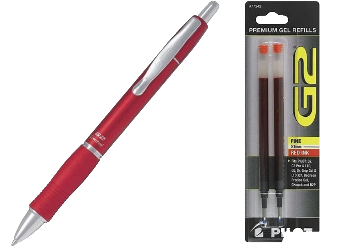 Pilot G2 Limited Metal Gel Pen 0.7mm RED Barrel 2-Red Ink Refills ...
