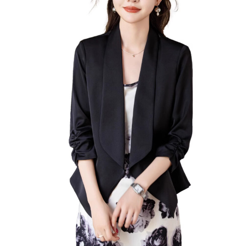 Spring Women Solid Satin Professional Suit Jacket Long Sleeve Elegant ...