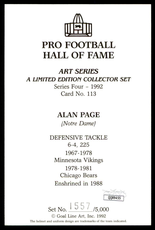 Alan Page Signed Autographed Goal Line Art Card GLAC Postcard JSA COA ...