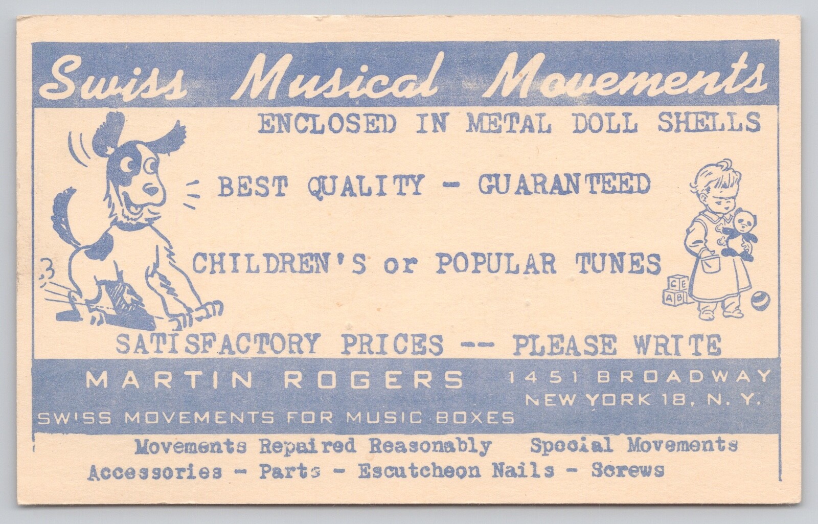 SWISS MUSICAL MOVEMENTS ADVERTISEMENT POSTCARD, ILLUSTRATED POSTAL CARD ...