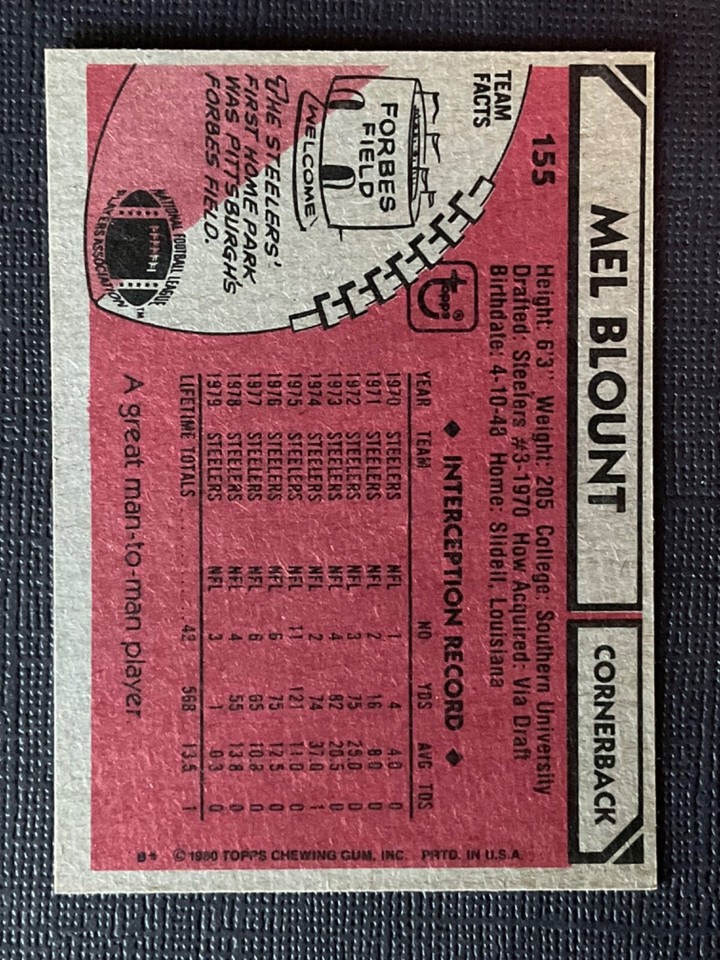 Mel Blount 1980 Topps Football Card #155 - Pittsburgh Steelers ...