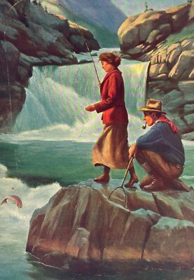 Fishing - Lady Catching Trout - Man with Net - Wilderness Landscape | eBay