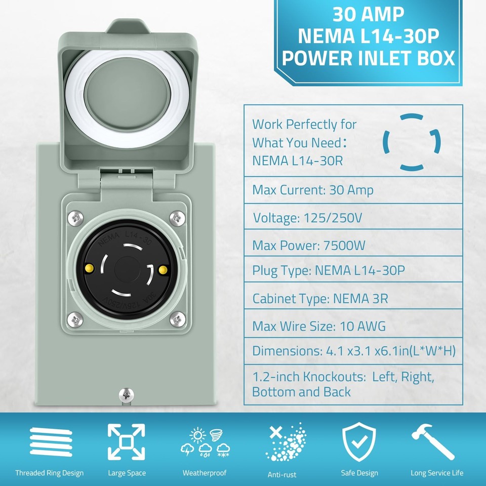 30A Generator Power Inlet Box Outdoor NEMA 3R L14-30 125/250V | eBay