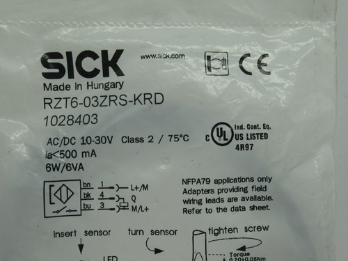 Sick RZT6-03ZRS-KRD T-Slot Cylinder Sensor 10-30VAC/DC NO SCREW/OPEN ...