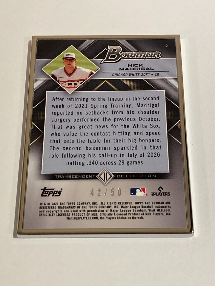 Nick Madrigal 2021 Bowman Transcendent Icons Topps Framed Card Rookie ...