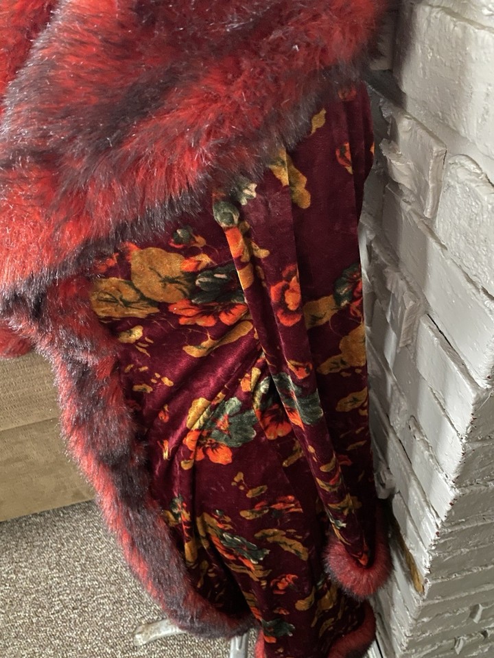 Betsey Johnson VTG Floral Velvet Duster Coat Red Fur Trim Size M RARE ...