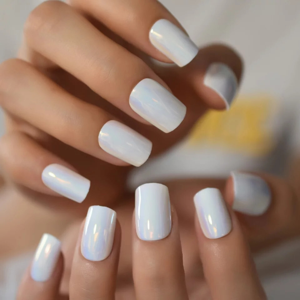 24 Press on Nails kit with glue short white holographic | eBay