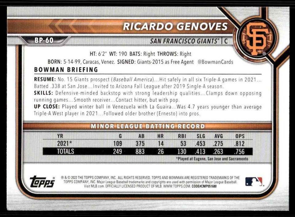 2022 Bowman Prospects Ricardo Genoves G679 San Francisco Giants #BP-60 ...