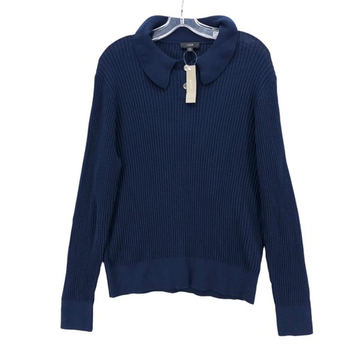 NWT J. CREW Merino Wool Ruffle Collar Ribbed Sweater Stretch Navy Blue ...
