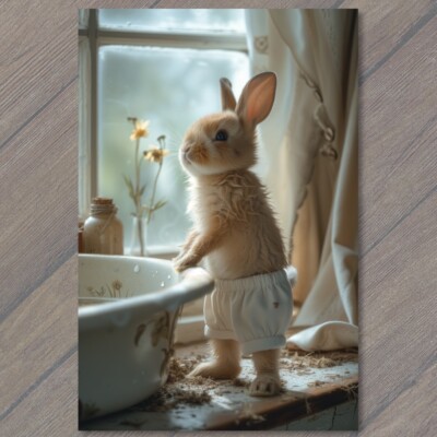 POSTCARD Bunny Rabbit Robe In Bath Bathrobe Bathroom Cute Shower Clean ...