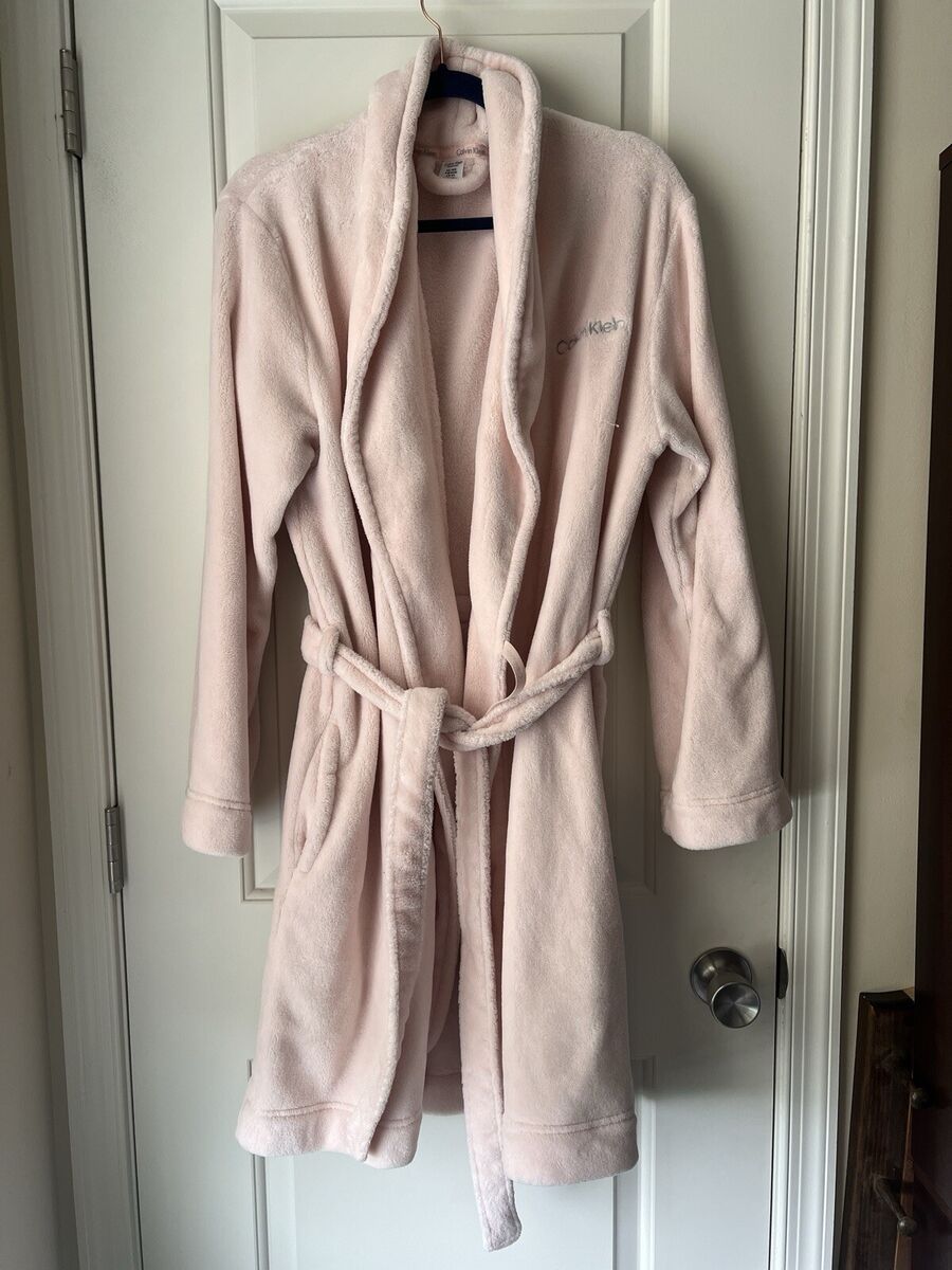 CALVIN KLEIN Pink Fleece Bathrobe M L CK Logo Plush Lounge Bath Robe