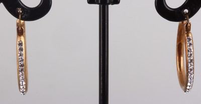 SLC STERLING 14K 1/20 CLEAR CRYSTALS HOOP EARRINGS FINE SIGNED 925 FINE ...