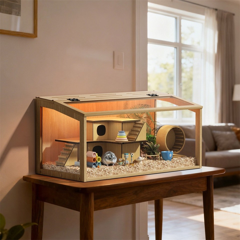 Large Wooden Hamster Cage Tempered Glass Panel Built-in LED Light ...