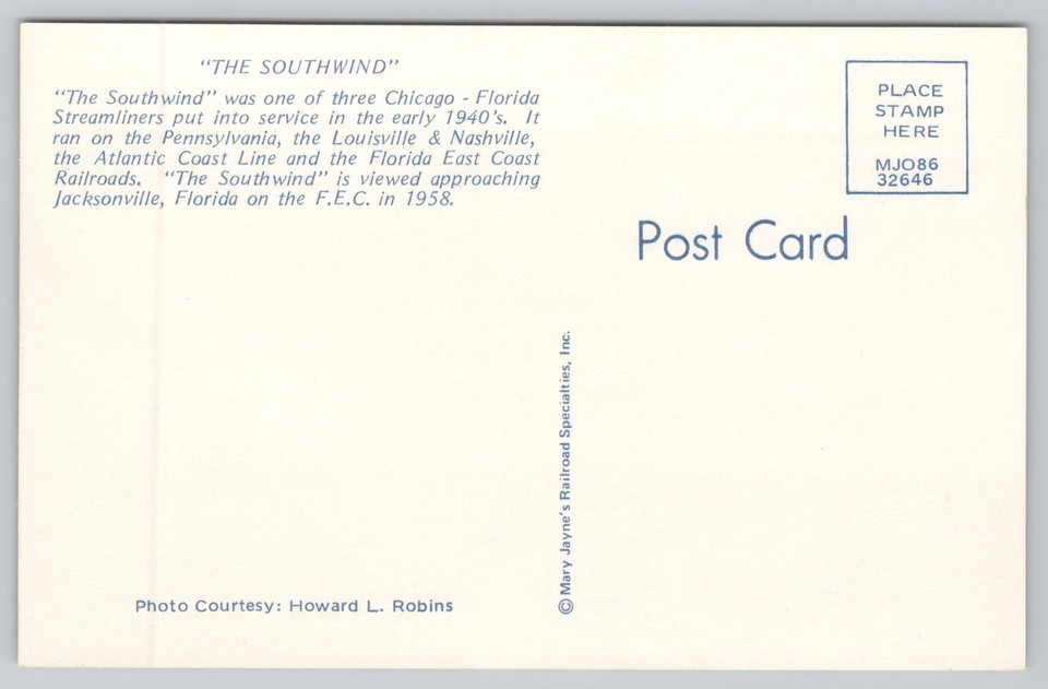 Postcard "The Southwind" Jacksonville Florida FEC Livery c1958 | eBay