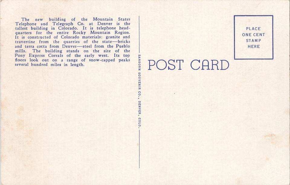 Denver CO Telephone Building Mt. States Tel & Tel Linen Postcard 1930s ...