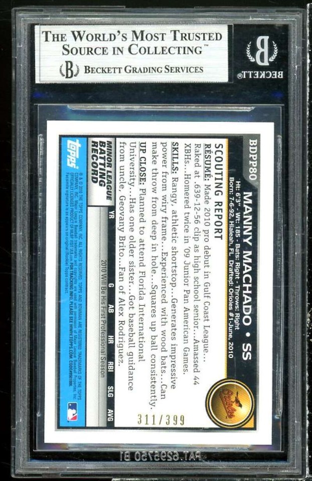 Manny Machado Rookie 2010 Bowman Draft Prospect Blue #BDPP80 BGS 9 (9 9 ...