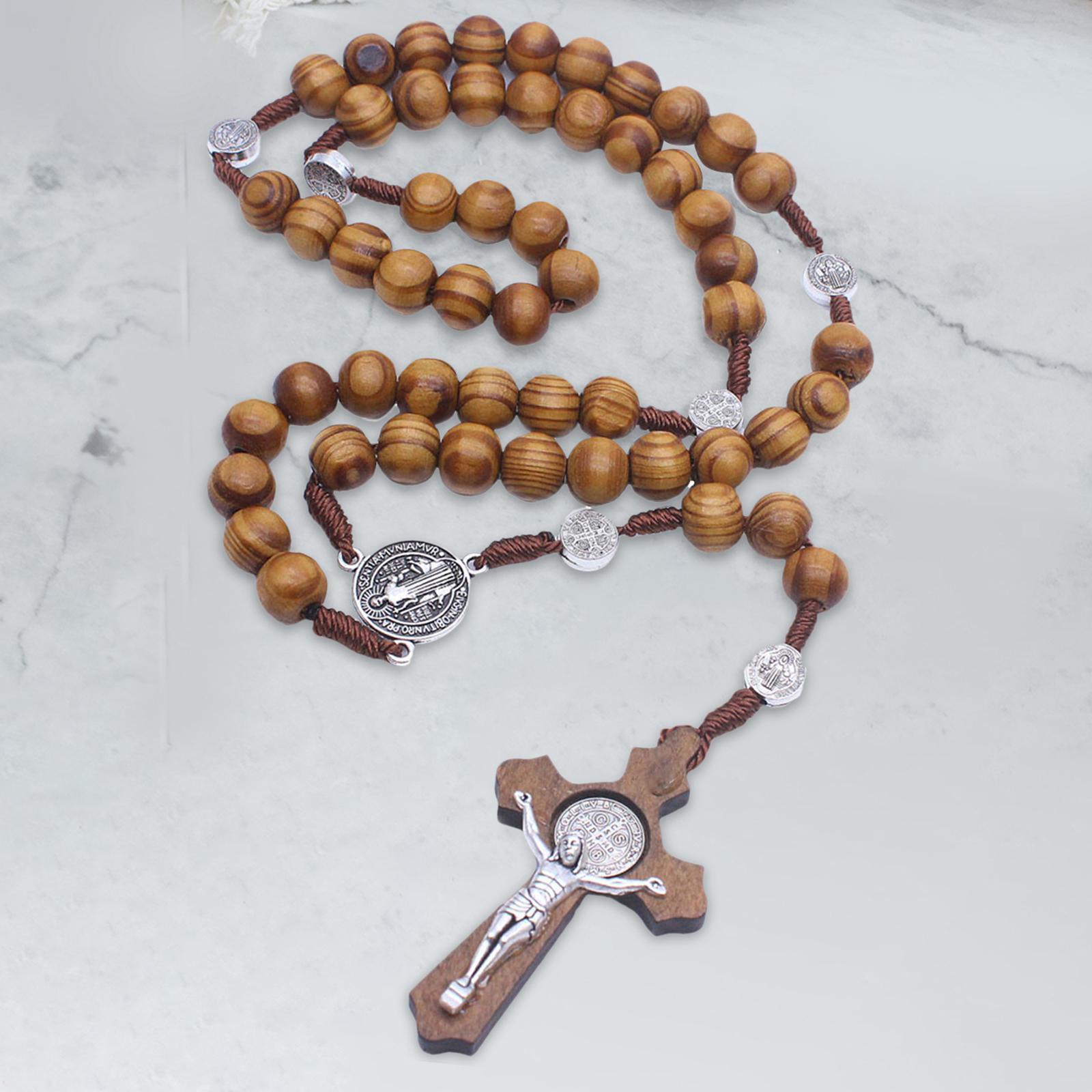 Rosary Cross Necklace Wooden Rosaries for Men Women Decor Rosary Medal ...