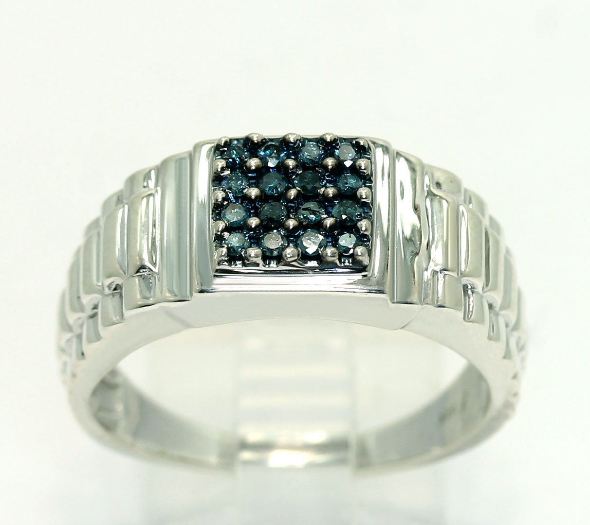 Sterling Silver Round Enhanced Blue Diamond Sculpted Step Shank Band ...