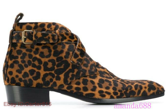 Mens Leopard Printed Buckles Ankle Boots Western Suede Leather High Top ...
