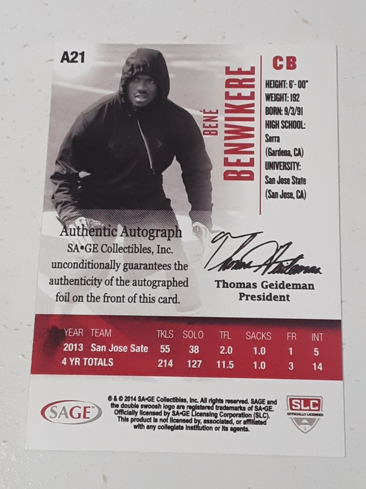 Bene Benwikere Carolina Panthers 2014 Sage Hit Certified Autograph Card ...