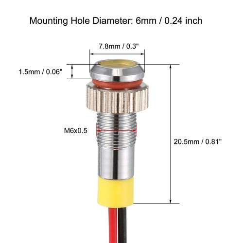 LED Indicator Light AC/DC 12V 6mm Flush Panel Mount Yellow LED Metal ...