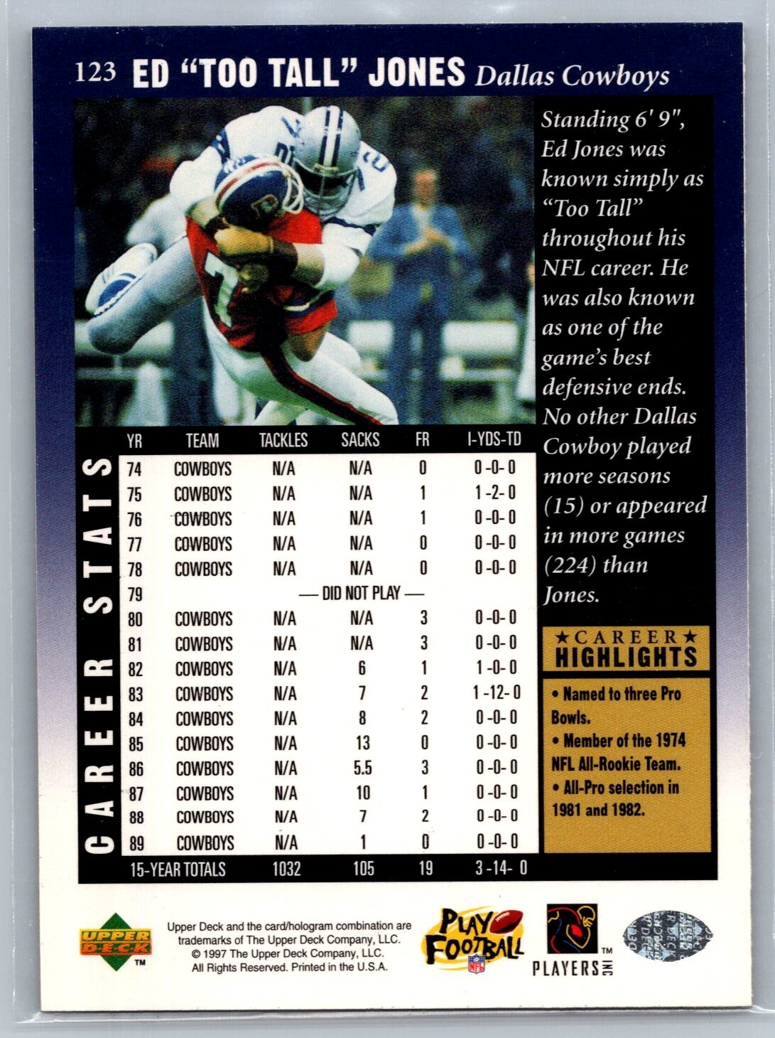 1997 UPPER DECK CARD # 123 Ed "Too Tall" Jones - Dallas Cowboys | eBay