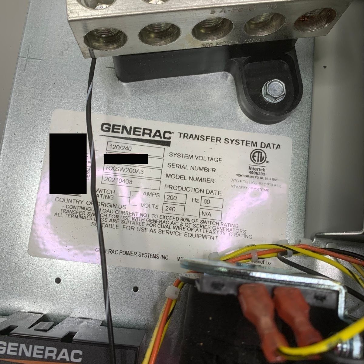 GENERAC RXSW200A3 200 Amp Auto Transfer Switch Service Rated 240 Volt ...