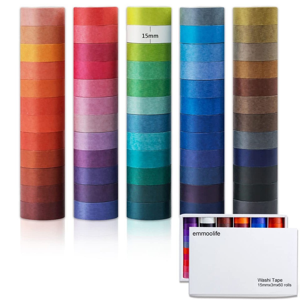 60 Rolls Washi Tape Set 15mm Wide 10ft Long Rainbow Colored Painters ...