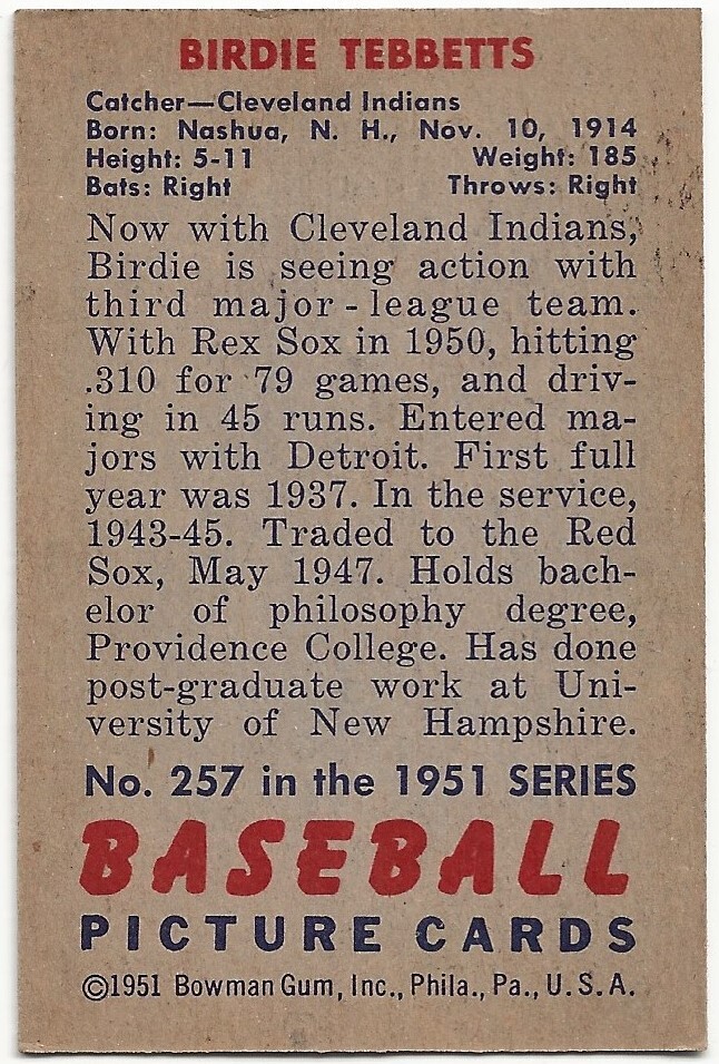 1951 Bowman #257 Birdie Tebbetts RC Cleveland Indians EX | eBay