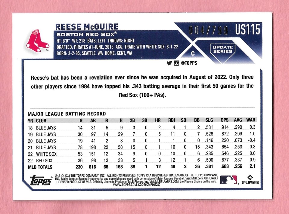 2023 Topps Update Reese McGuire Purple Foil /799 Card #US115 Boston Red ...