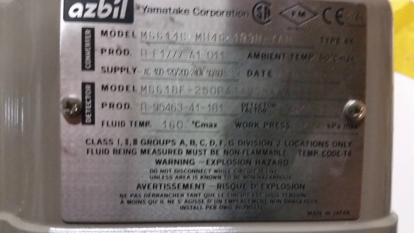 YAMATAKE Azbil Flow Meter MGG14C MH4G 1B3N-YAH | eBay