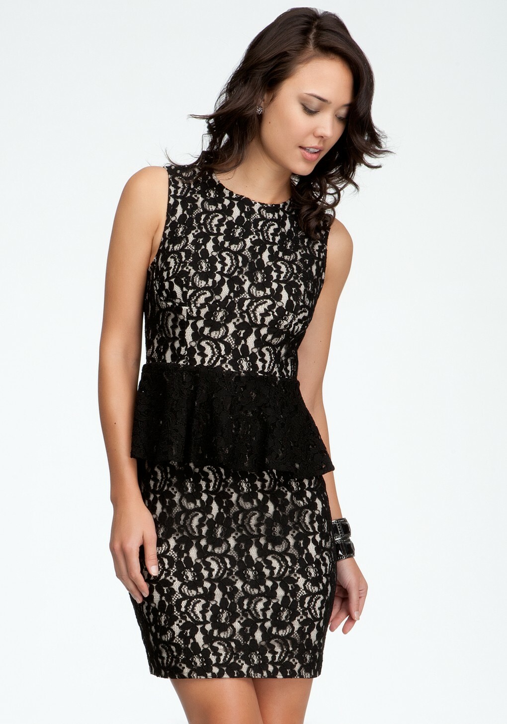 bebe - All Over Black Lace with Nude Lining Peplum Dr… - Gem