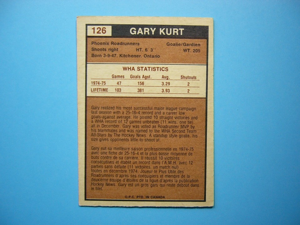1975/76 O-PEE-CHEE WHA HOCKEY CARD #126 GARY KURT EXNM SHARP!! 75/76 ...
