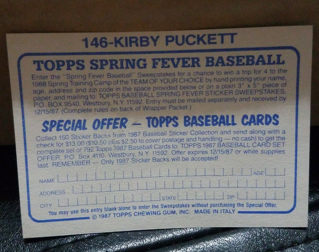 146- Kirby Puckett Topps Spring Fever Baseball 1987 Foil sticker MINT ...