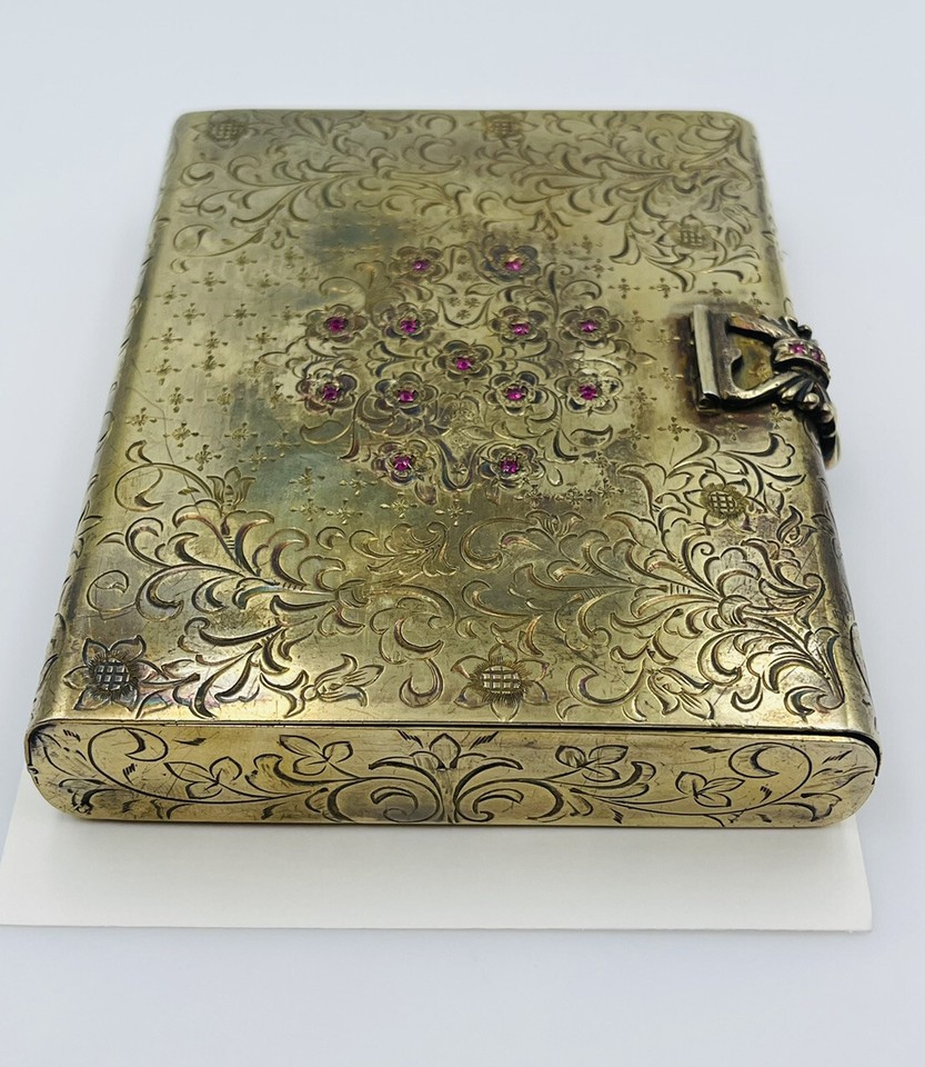 Antique Italian 800 Silver Ornate Ruby Floral Large Minaudiere Compact ...