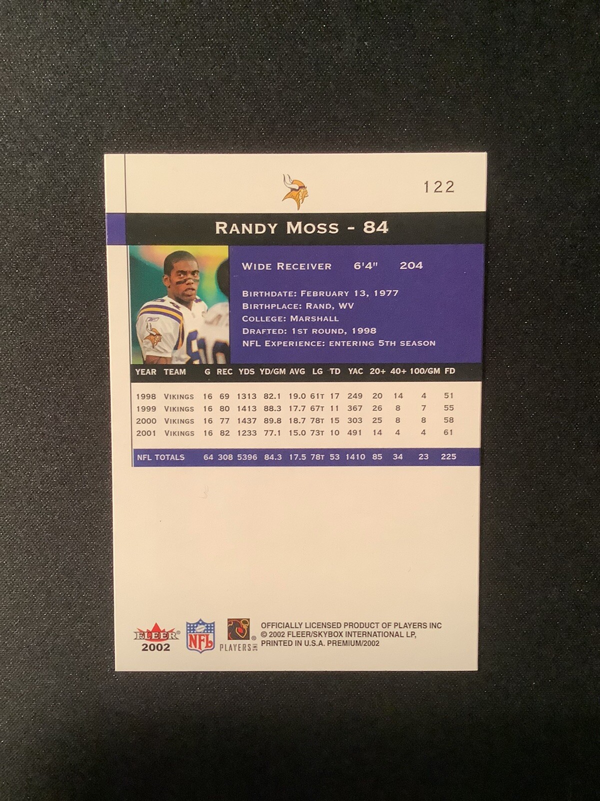 2002 Fleer Premium Randy Moss #122 HOF Vikings Raiders Patriots 49ers ...
