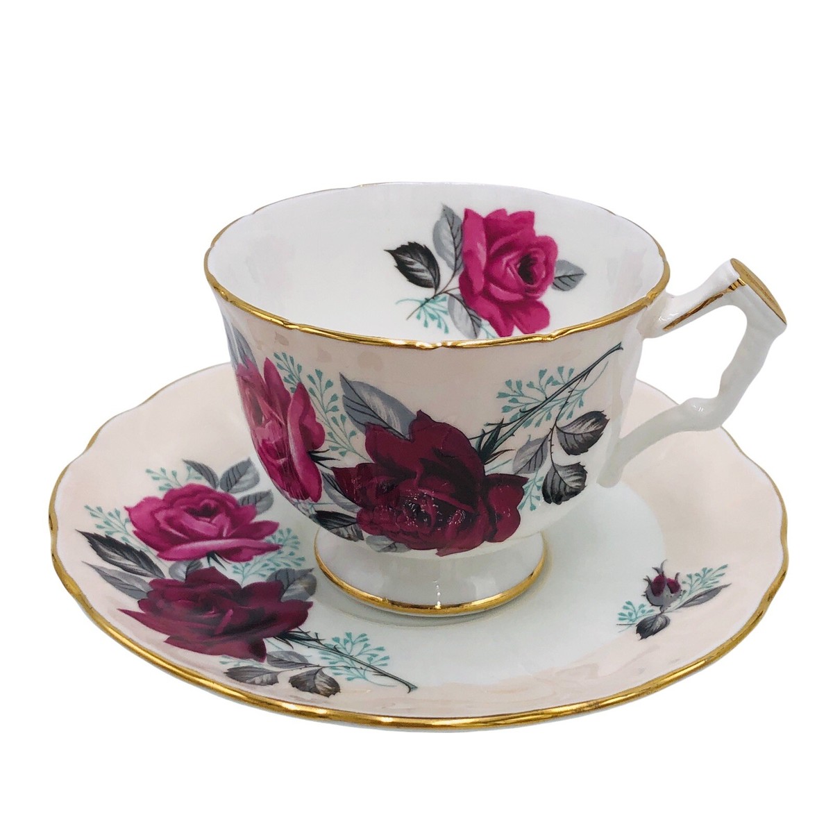 Aynsley Cabbage Rose Tea Cup and Saucer Pink Gold Burgundy White ...
