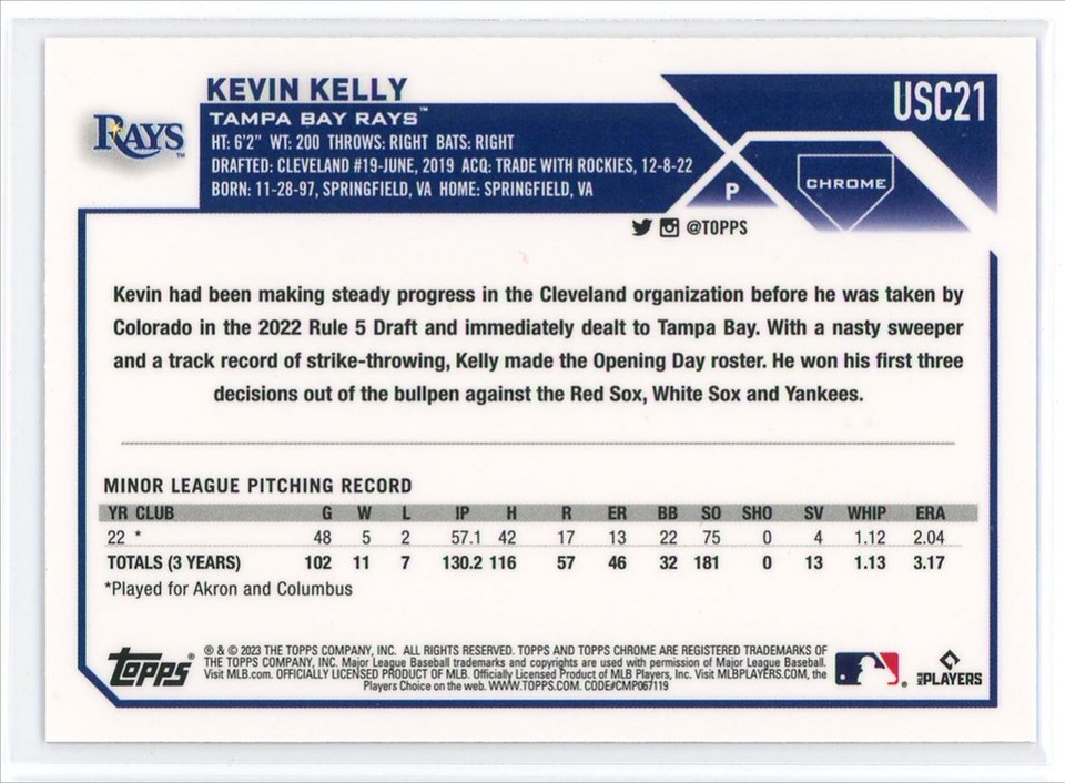 2023 Topps Chrome Update Kevin Kelly RC Tampa Bay Rays #USC21 | eBay