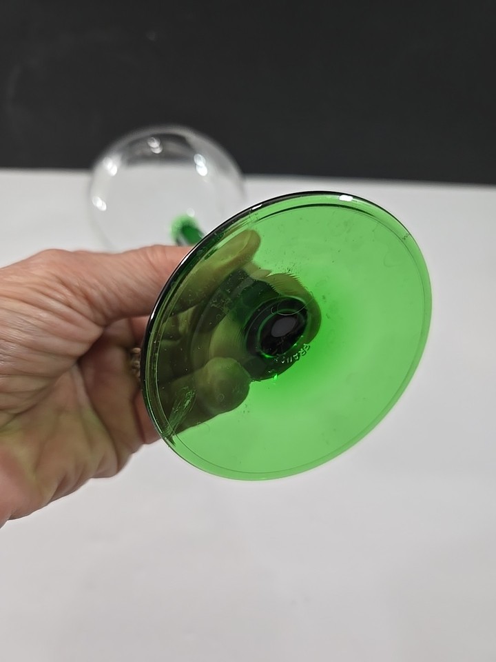 Emerald Green Stemmed Rhine Wine Glass Clear Etched Floral 6 3/8" | eBay