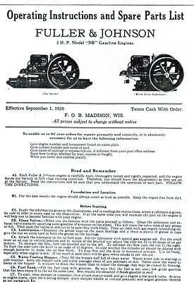 Fuller & Johnson FJ Gas Engine Motor Type NB manual book hit miss 2HP ...