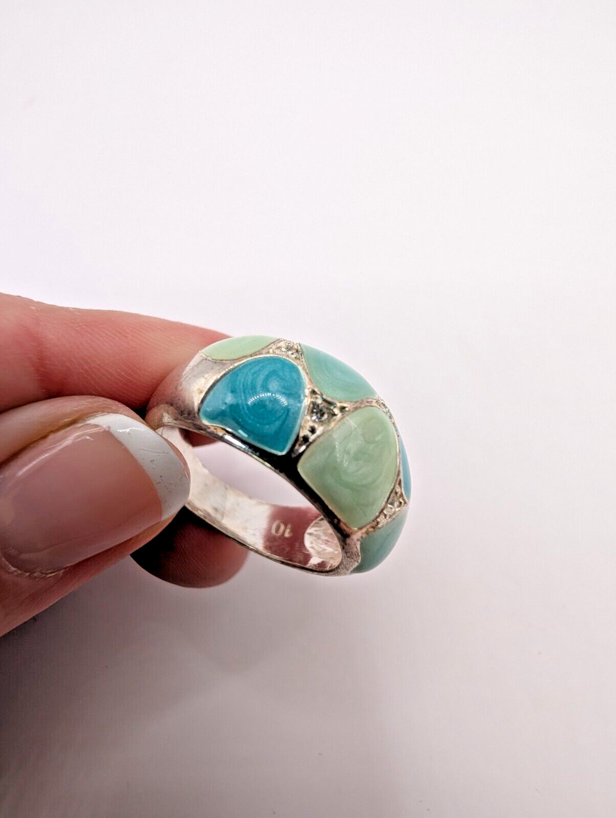 VINTAGE ENAMEL NRT RING SIZE 10 SILVER PLATED COCKTAI… - Gem