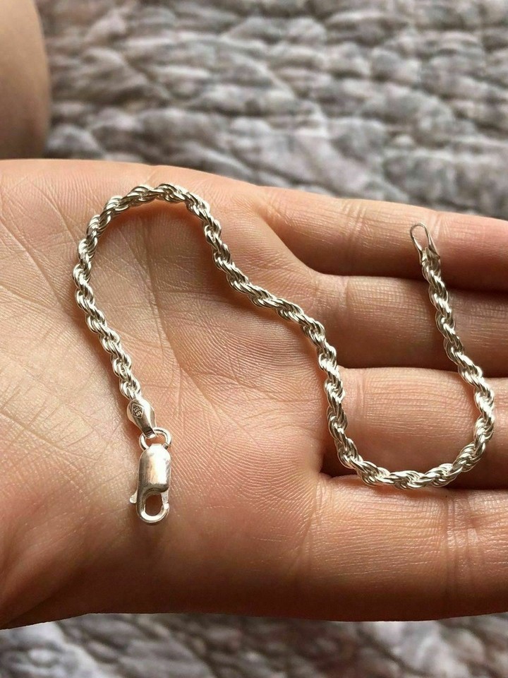 Women’s Solid 925 Sterling Silver Thin Rope Bracelet 7” Made In Italy ...