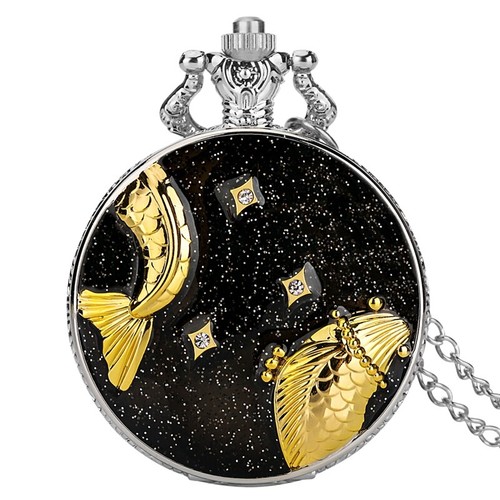 Relief Black Quartz Pocket Watches Starry Sky Fish Scales Fish Tail ...