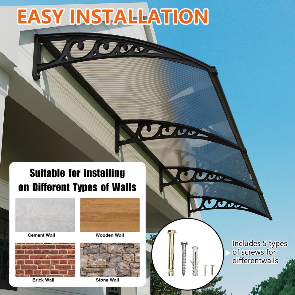 30-160" Window Awning Front Door Eaves Canopy Polycarbonate Roof Sun ...