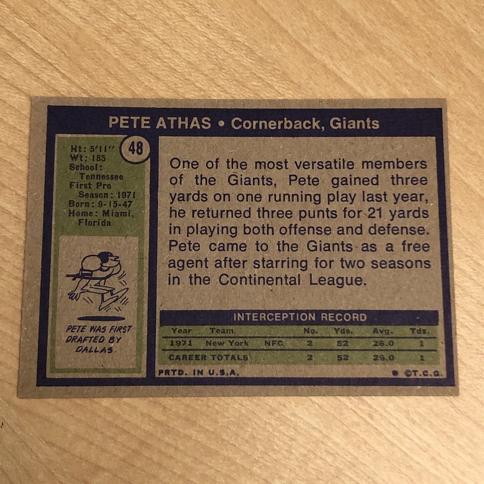 1972 TOPPS PETE ATHAS #48 NEW YORK GIANTS FOOTBALL CARD | eBay