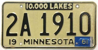 Vintage Minnesota 1960 1961 10,000 Lakes License Plate 2A 1910 in Nice ...
