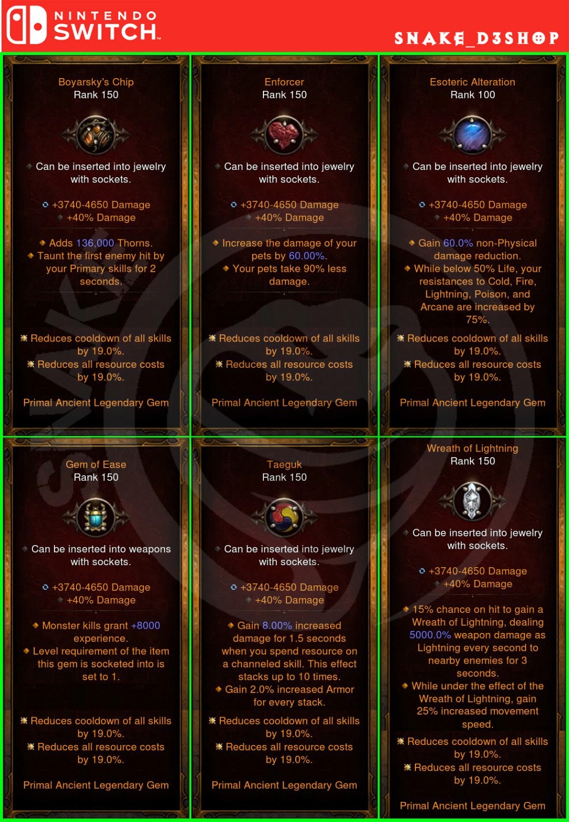 Diablo 3 Nintendo Switch - PRIMAL ANCIENT Legendary Gems (Max Rank ...