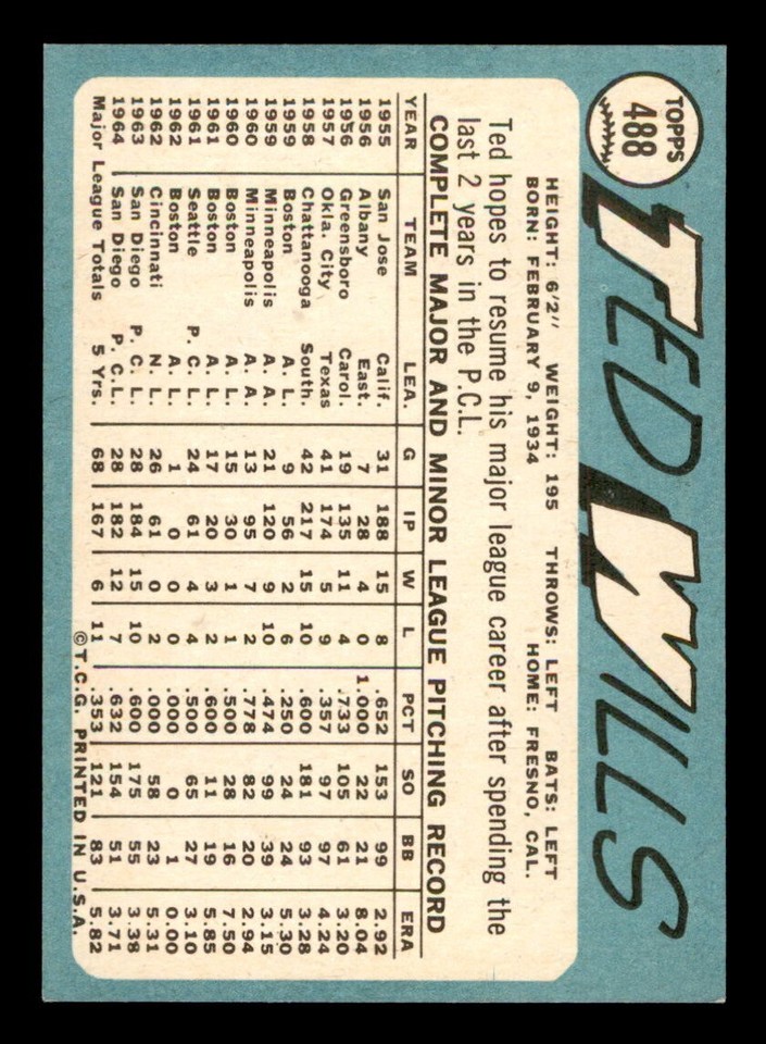 1965 Topps Baseball #488 Ted Wills NM/MT *f2 | eBay